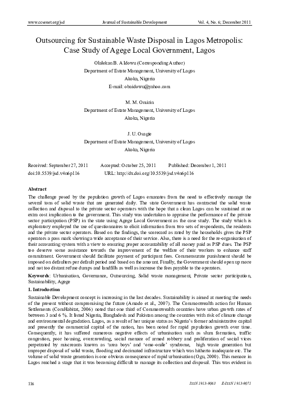 (PDF) Outsourcing for Sustainable Waste Disposal in Lagos Metropolis ...