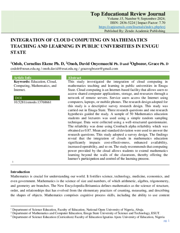 (PDF) INTEGRATION OF CLOUD COMPUTING ON MATHEMATICS TEACHING AND LEARNING IN PUBLIC UNIVERSITIES ...