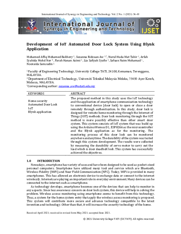 Pdf Development Of Iot Automated Door Lock System Using Blynk Application