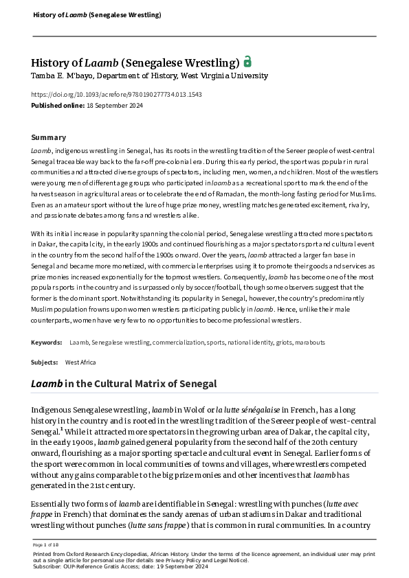 (PDF) History of Laamb (Senegalese Wrestling)