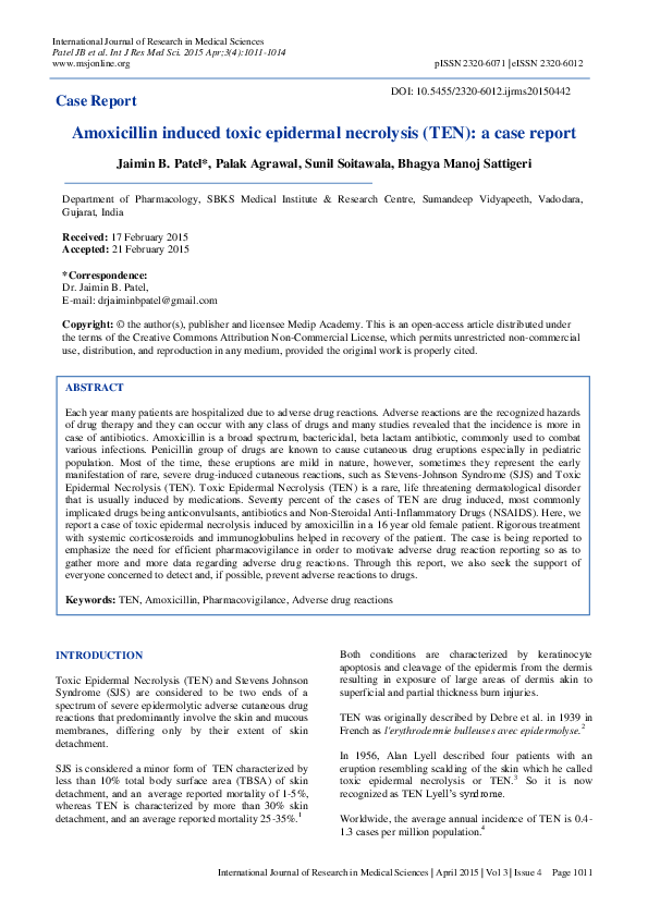 (PDF) Amoxicillin induced toxic epidermal necrolysis (TEN): a case report