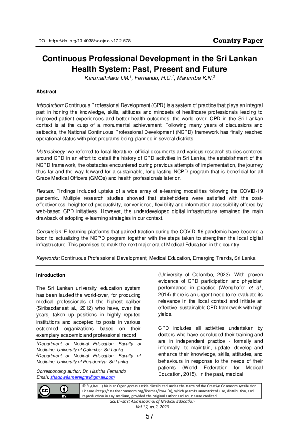 (PDF) Continuous Professional Development in the Sri Lankan Health System: Past, Present and Future
