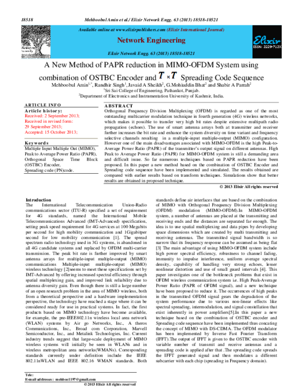 Pdf Papr Reduction In Mimo Ofdm System Using Combination Of Ostbc 6362