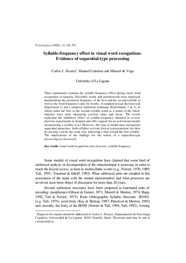 (PDF) Syllable-Frequency Effect In Visual Word Recognition: Evidence of Sequential-Type ...