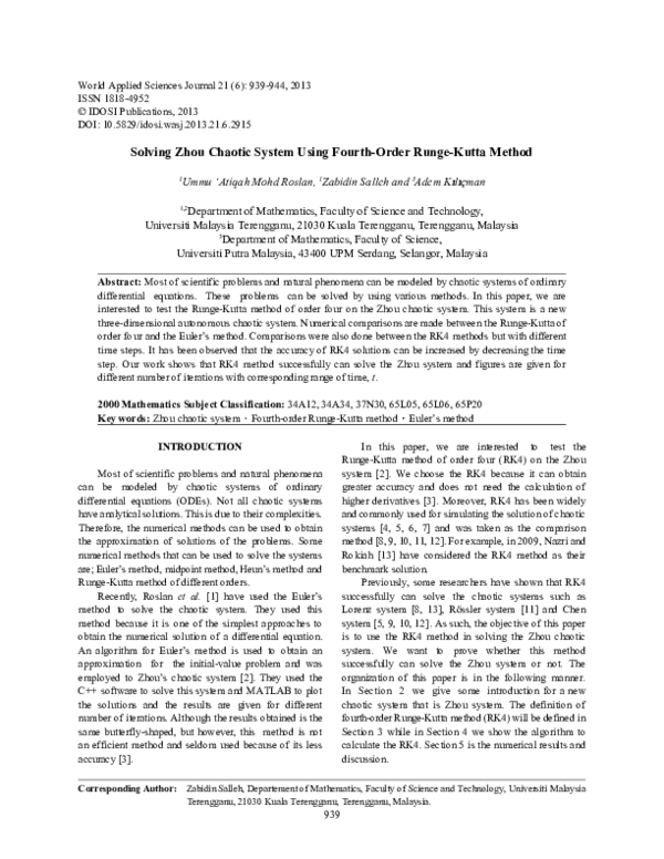 (PDF) Solving Zhou chaotic system using fourth-order Runge-Kutta method