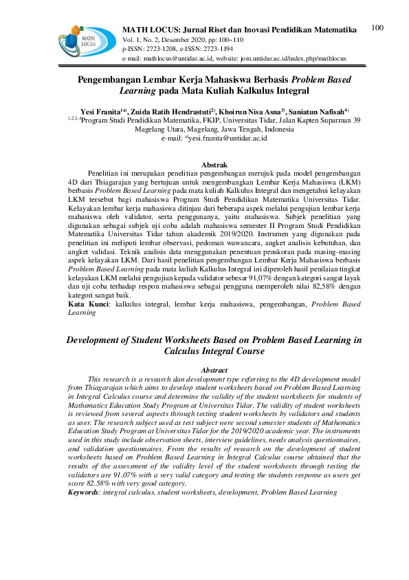 (PDF) Pengembangan Lembar Kerja Mahasiswa Berbasis Problem Based Learning pada Mata Kuliah ...