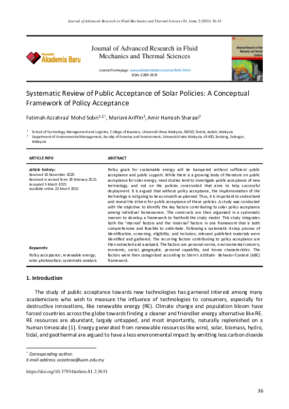 (PDF) Systematic Review of Public Acceptance of Solar Policies: A ...
