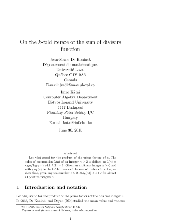 (PDF) On the $k$-fold iterate of the sum of divisors function