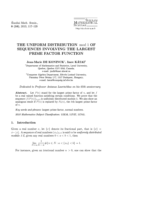 (PDF) The uniform distribution mod 1 of sequences involving the largest prime factor function ...