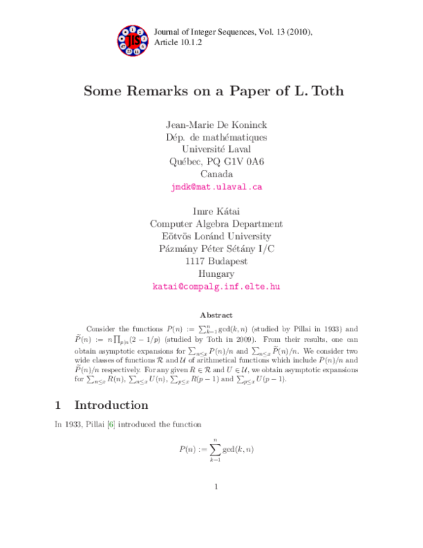 (PDF) Some remarks on a paper of L. Toth