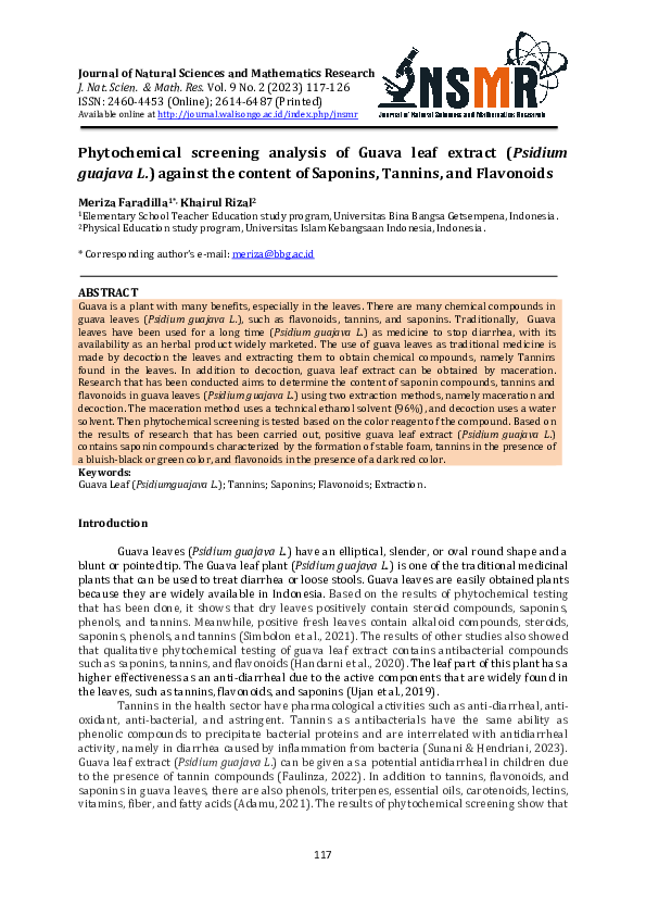 (PDF) Phytochemical screening analysis of Guava leaf extract (Psidium ...