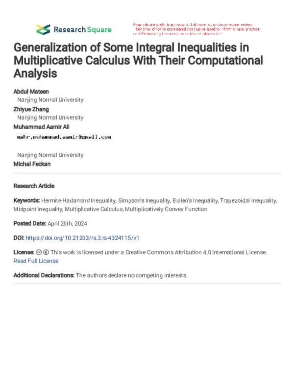 (PDF) Generalization of Some Integral Inequalities in Multiplicative Calculus With Their ...