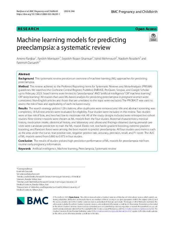 (PDF) Machine learning models for predicting preeclampsia: a systematic review