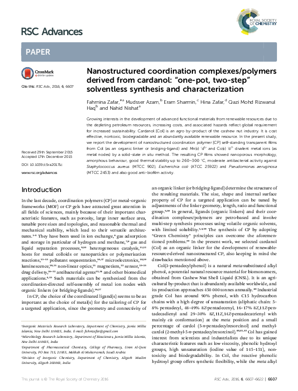 (PDF) Nanostructured coordination complexes/polymers derived from ...