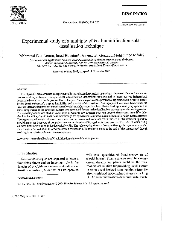 (PDF) Experimental study of a multiple-effect humidification solar desalination technique