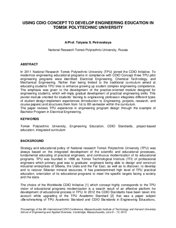 (PDF) Using Cdio Concept to Develop Engineering Education in Tomsk Polytechnic University