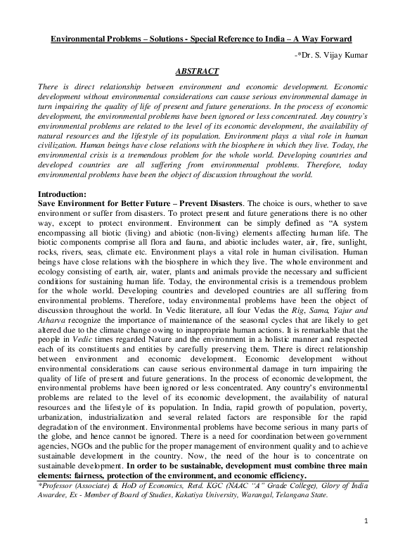 (PDF) Environmental Problems -Solutions -Special Reference to India -A Way Forward