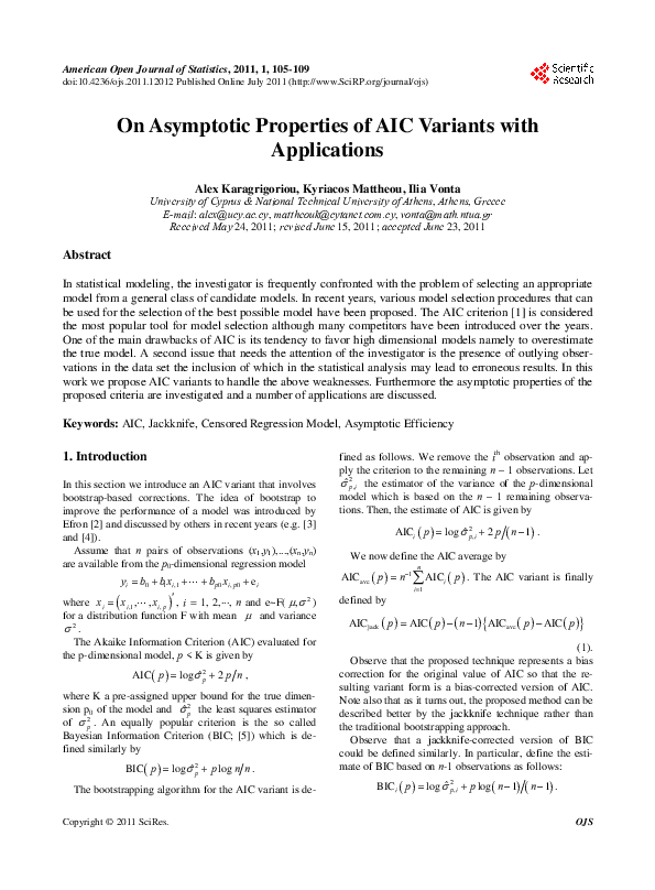 (PDF) On Asymptotic Properties of AIC Variants with Applications | Kyriacos Mattheou - Academia.edu