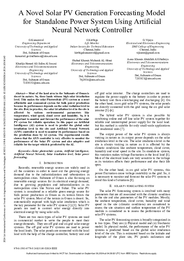 (PDF) A Novel Solar PV Generation Forecasting Model for Standalone Power System Using Artificial ...