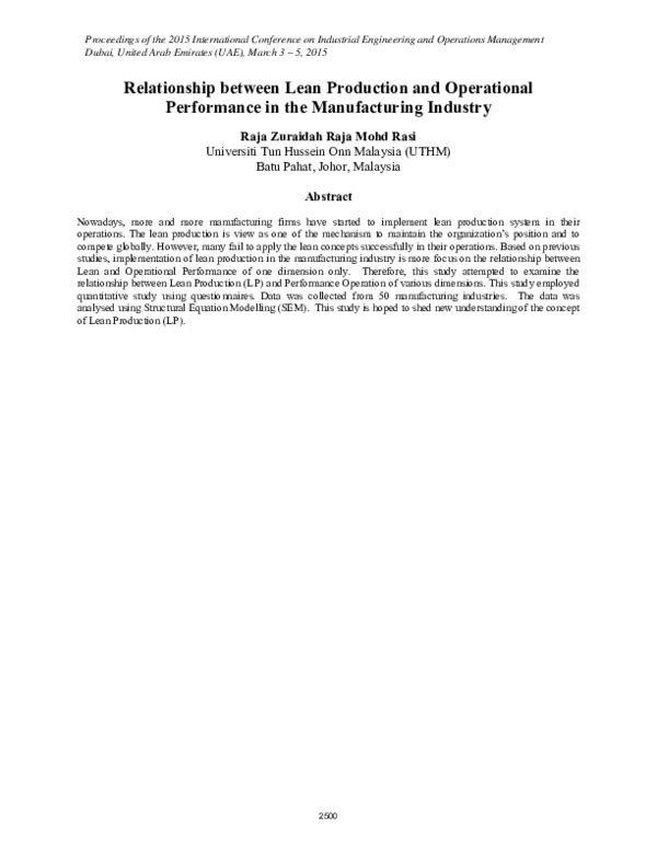 (PDF) Relationship Between Lean Production and Operational Performance in the Manufacturing Industry