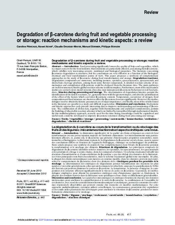 (PDF) Degradation of β-carotene during fruit and vegetable processing or storage: reaction ...