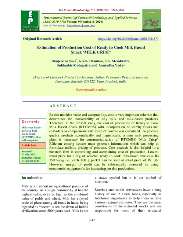 (PDF) Estimation of Production Cost of Ready to Cook Milk Based Snack ...