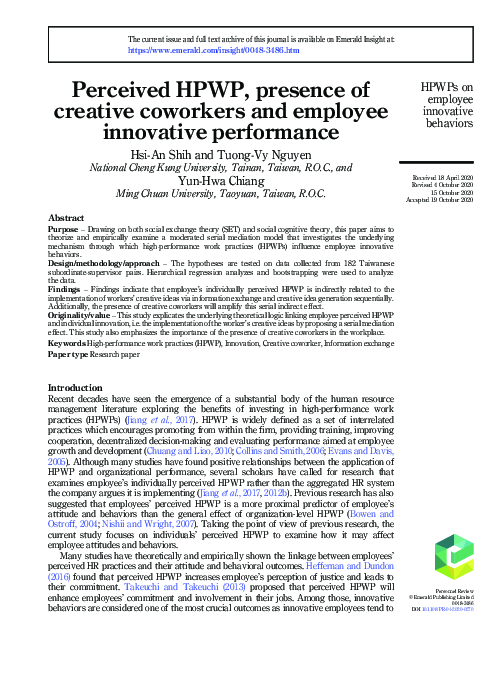 (PDF) Perceived HPWP, presence of creative coworkers and employee ...