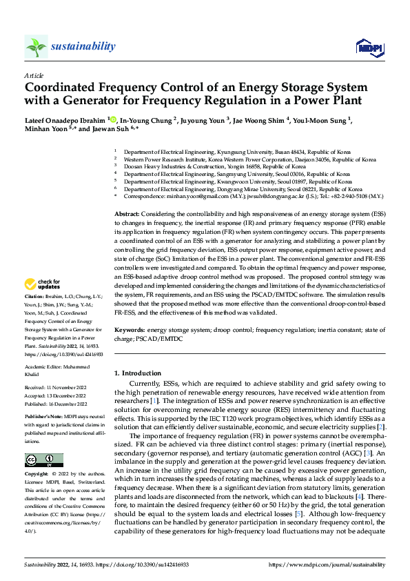 (PDF) Coordinated Frequency Control of an Energy Storage System with a Generator for Frequency ...