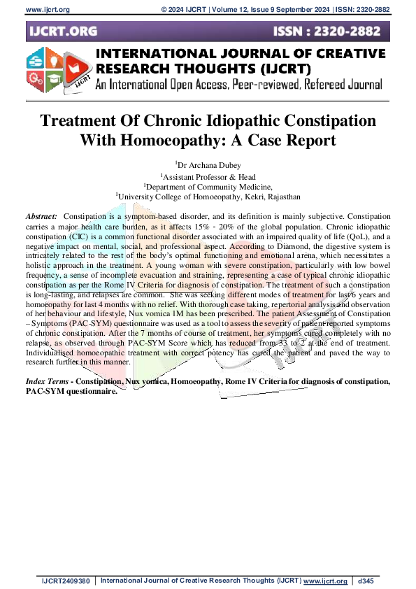 (PDF) Treatment Of Chronic Idiopathic Constipation With Homoeopathy: A ...