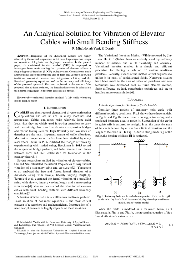 (PDF) An Analytical Solution for Vibration of Elevator Cables with ...