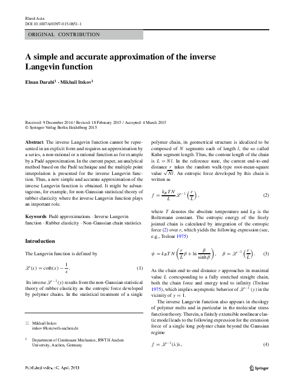 (PDF) A simple and accurate approximation of the inverse Langevin function