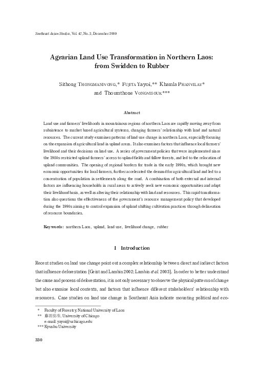 (PDF) Agrarian Land Use Transformation in Northern Laos: from Swidden ...