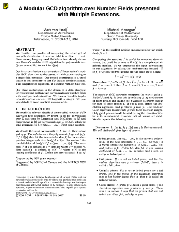 (PDF) A modular GCD algorithm over number fields presented with multiple extensions