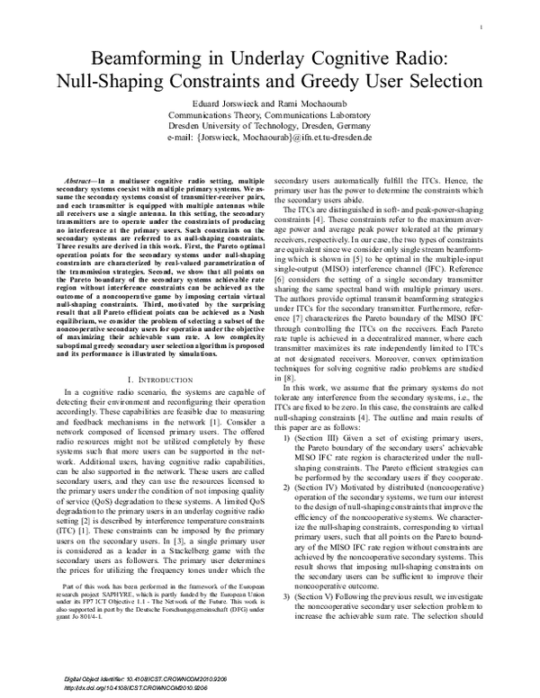 (PDF) Beamforming in underlay cognitive radio: Null-shaping constraints and greedy user ...