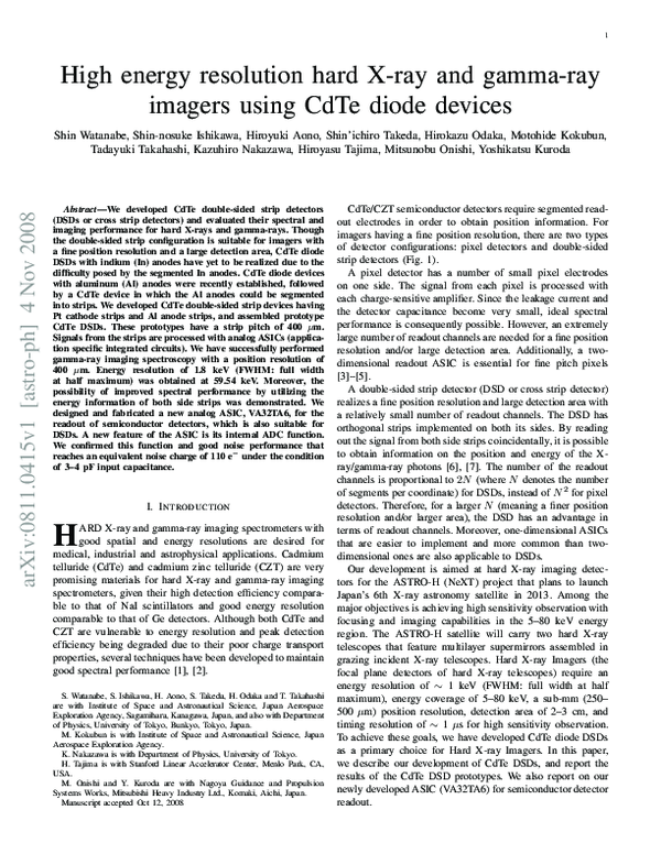 (PDF) High Energy Resolution Hard X-Ray and Gamma-Ray Imagers Using CdTe Diode Devices | K ...