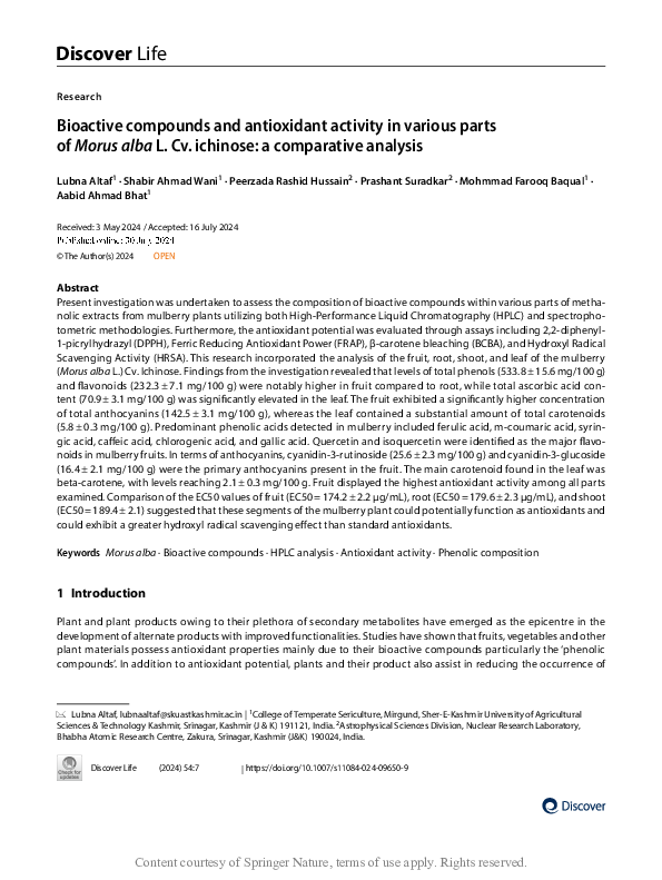 (PDF) Bioactive compounds and antioxidant activity in various parts of Morus alba L. Cv ...