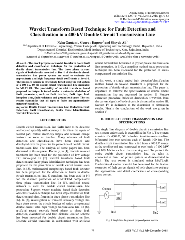 (PDF) Wavelet Transform Based Technique for Fault Detection and Classification in a 400 kV ...