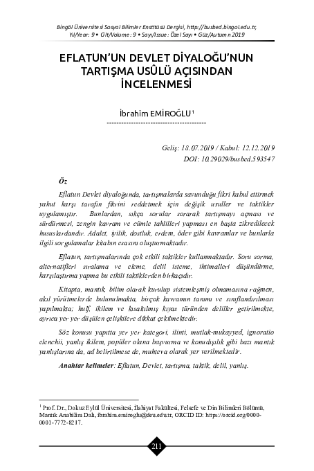 (PDF) Eflatun’un Devlet Diyaloğu’nun Tartışma Usulü Açısından İncelenmesi