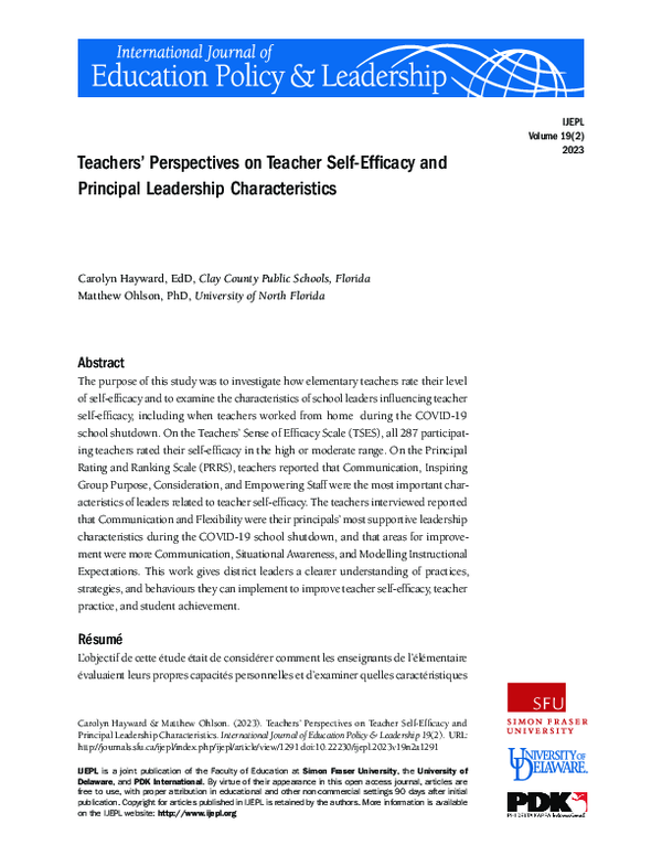 (PDF) Teachers' Perspectives on Teacher Self-Efficacy and Principal Leadership Characteristics