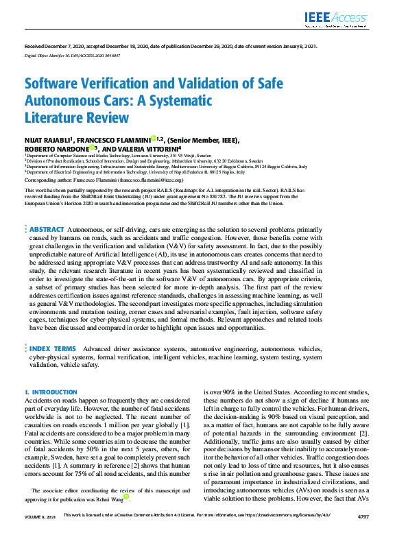 Pdf Software Verification And Validation Of Safe Autonomous Cars A Systematic Literature Review