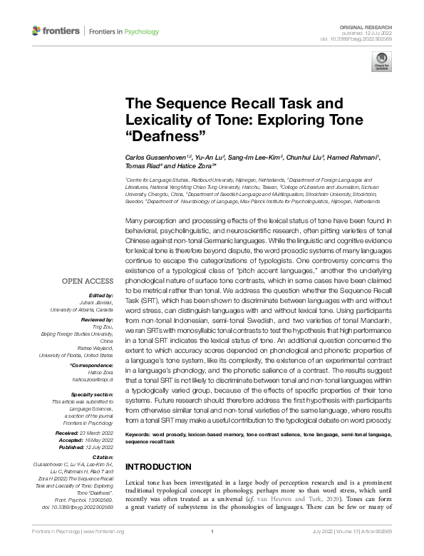 (PDF) The Sequence Recall Task and Lexicality of Tone: Exploring Tone ...