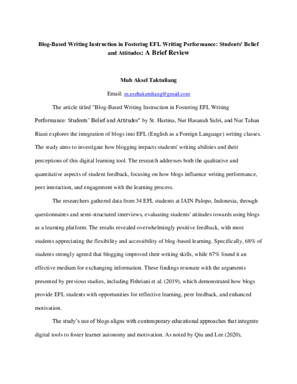 (PDF) Blog-Based Writing Instruction in Fostering EFL Writing Performance: Students' Belief and ...