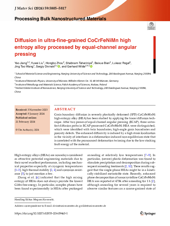 (PDF) Diffusion in ultra-fine-grained CoCrFeNiMn high entropy alloy processed by equal-channel ...