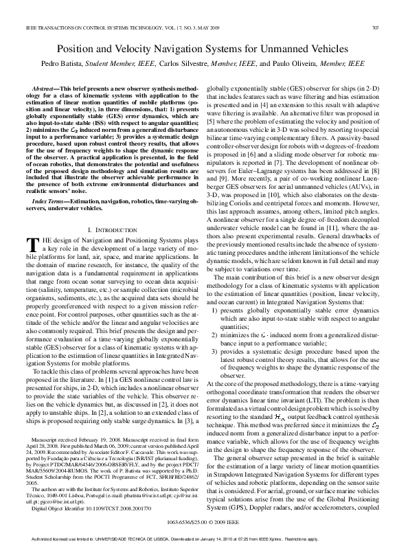 (PDF) Position and Velocity Navigation Systems for Unmanned Vehicles