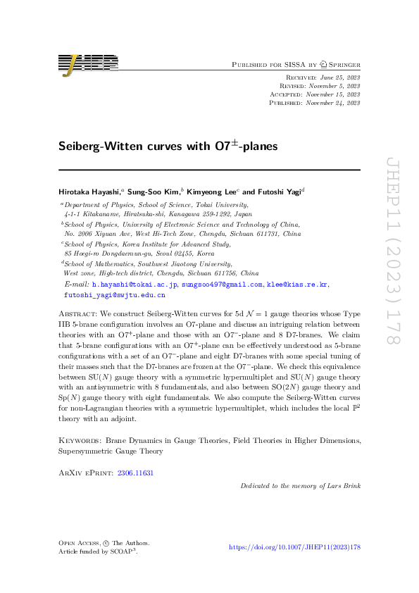 (PDF) Seiberg-Witten curves with O7±-planes