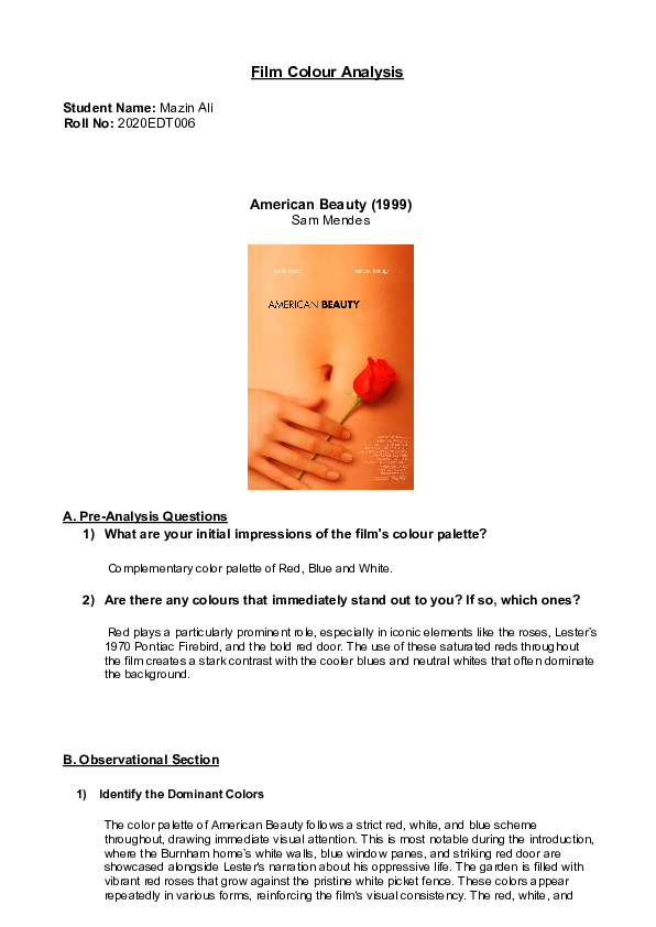 (PDF) Color analysis of American Beauty (1998), Roma and Amelie