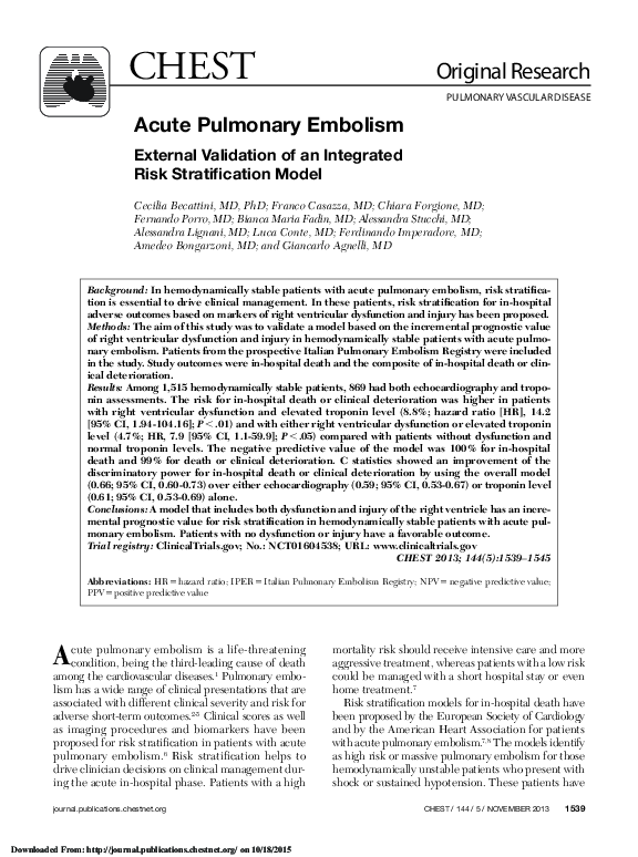 (PDF) Acute Pulmonary Embolism: External Validation of an Integrated Risk Stratification Model