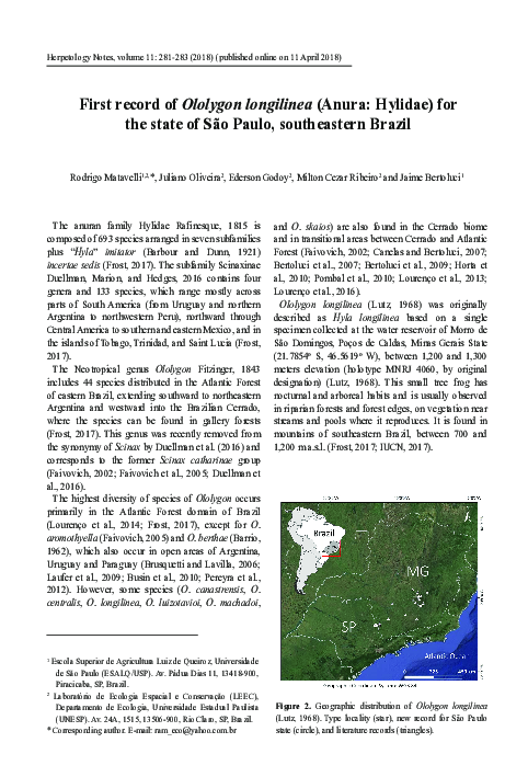 (PDF) First record of Ololygon longilinea (Anura: Hylidae) for the ...