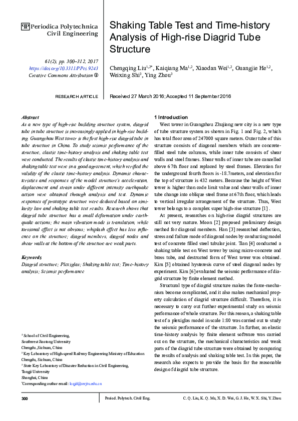 (PDF) Shaking table test and time-history analysis of high-rise diagrid ...