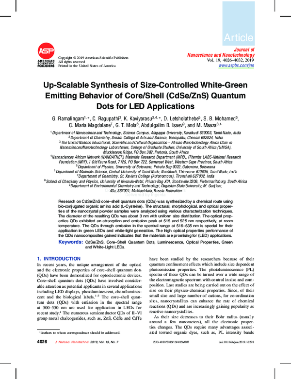 (PDF) Up-Scalable Synthesis of Size-Controlled White-Green Emitting Behavior of Core/Shell (CdSe ...